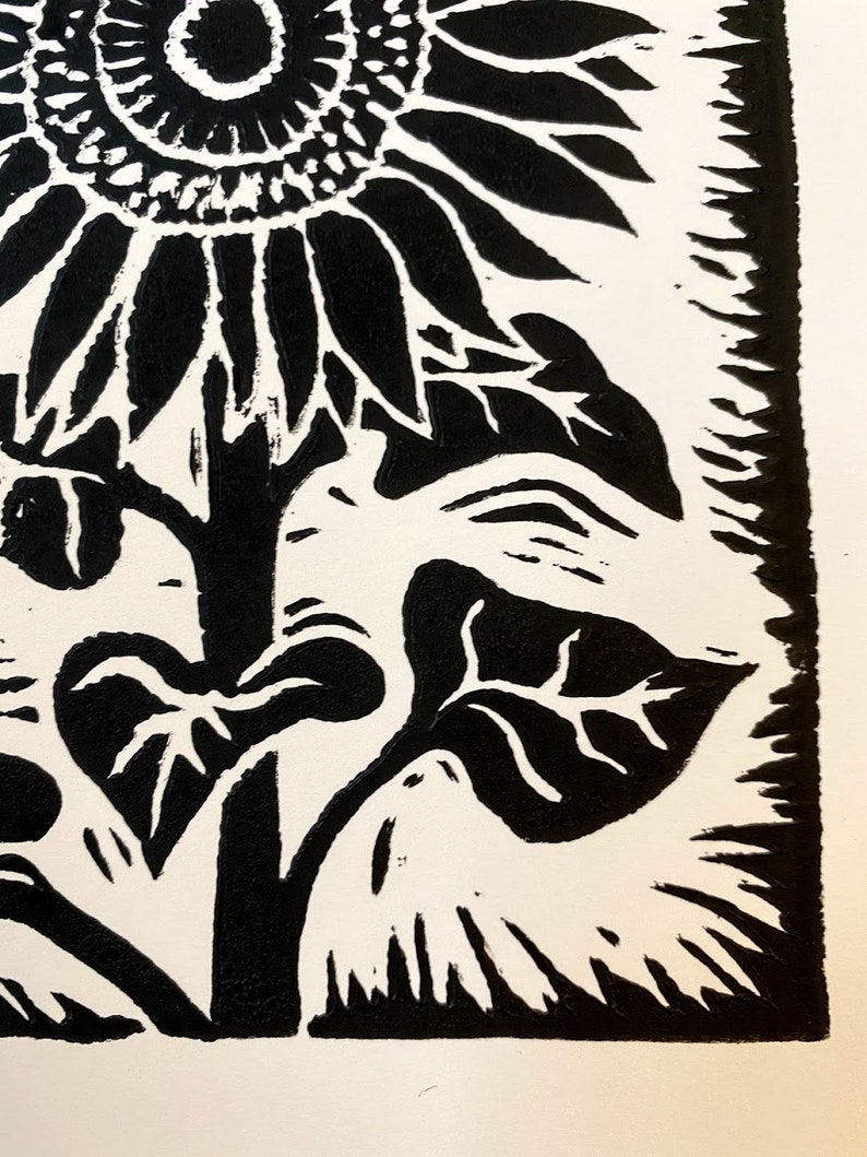 Sunflower Block Print Black and White Print Linocut | Etsy