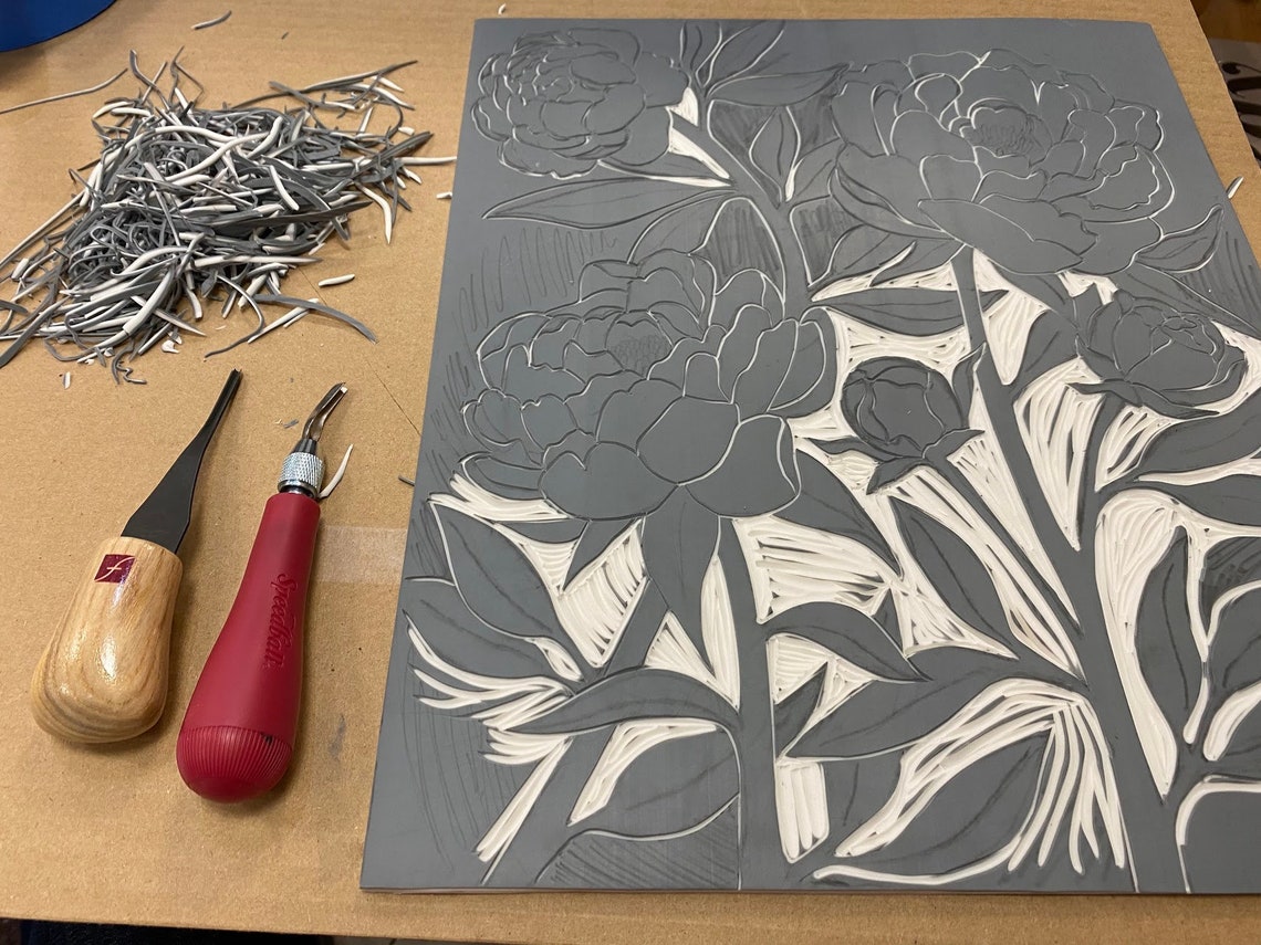 Large Linocut Print Peonies Black and White Block Print - Etsy