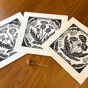Set of 3 Block Prints - Dandelions - Poppies - Thistle - Linocut Prints ...