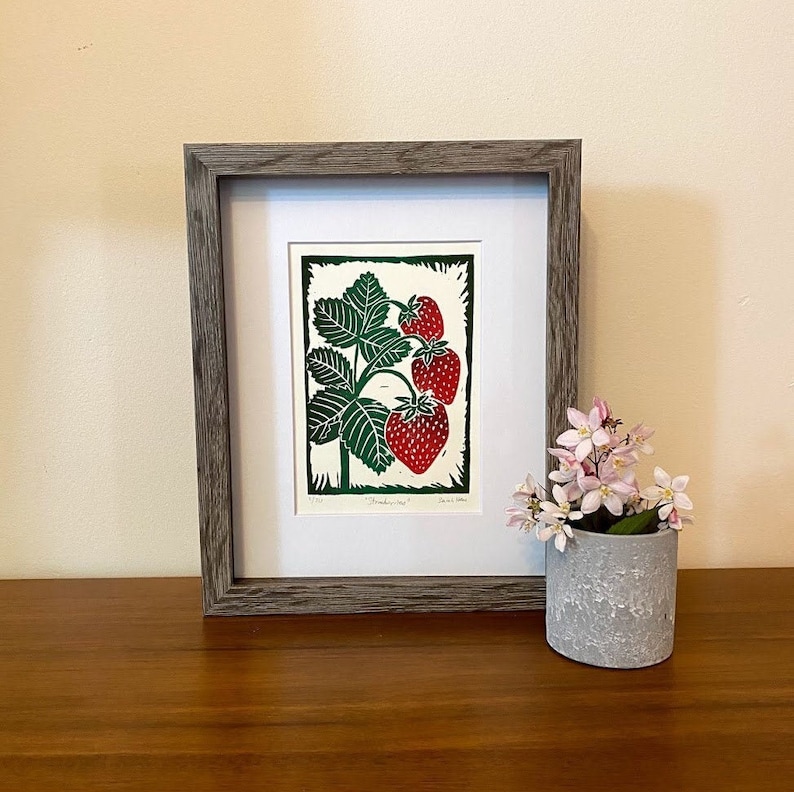 Strawberries Block Print Colorful Linocut Print - Etsy