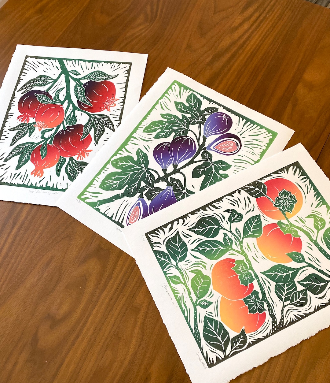 Set of 3 - Multi-color Fruit Block Prints - Pomegranate - Figs ...