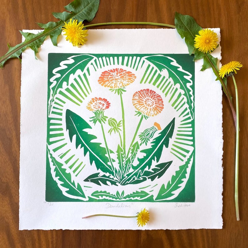 Dandelion Flower Print Linocut Print Botanical Print - Etsy