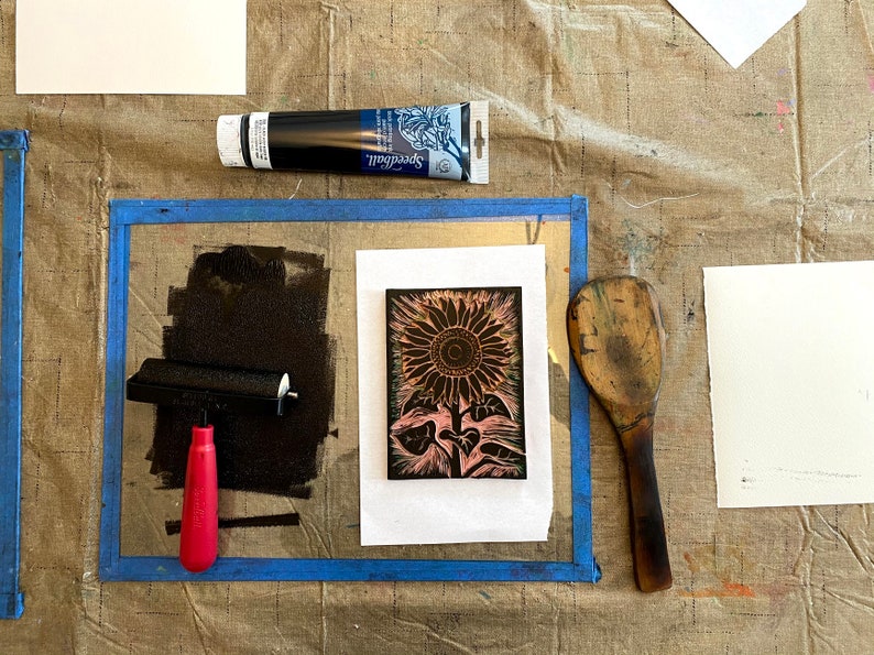 Sunflower Block Print Black and White Print Linocut | Etsy