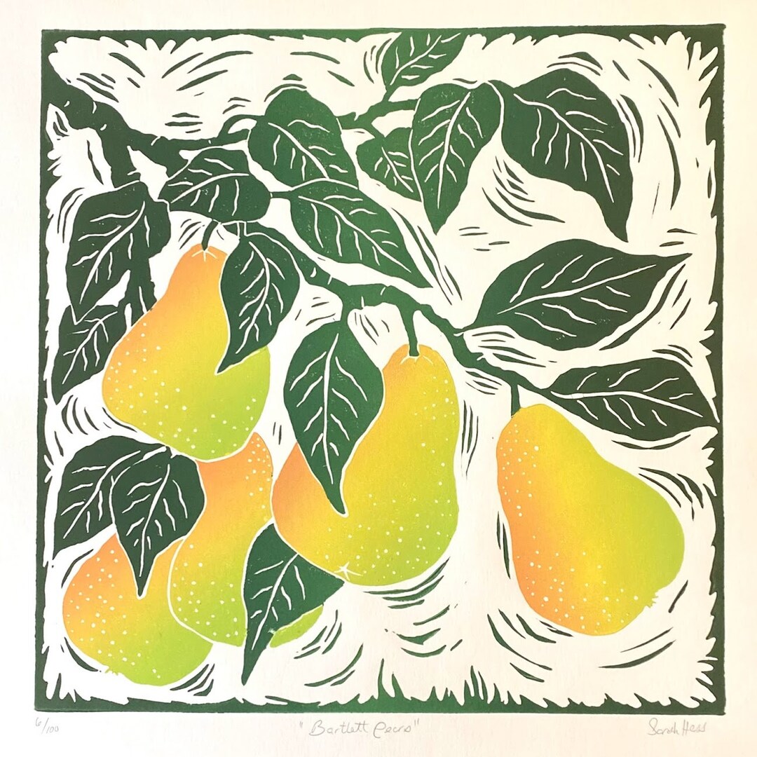 Bartlett Pear - Pear Block Print - Color Linocut Art - Etsy