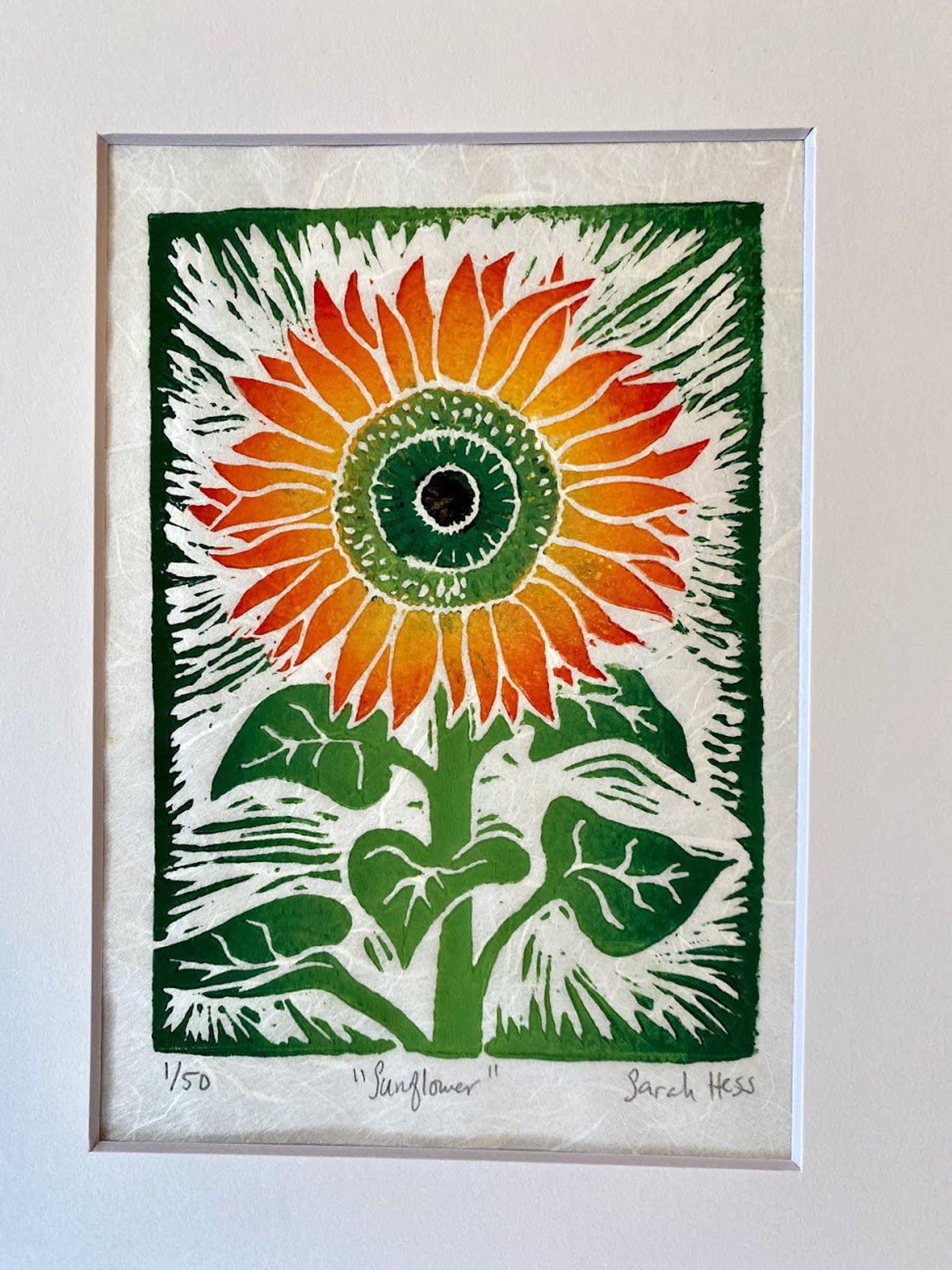 Sunflower Block Print with Mat Linocut Floral Art | Etsy