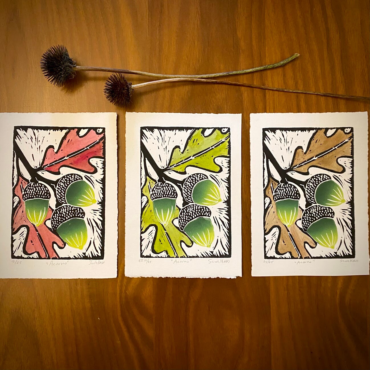 Acorns Set of 3 Handmade Block Print Linocut Botanical - Etsy