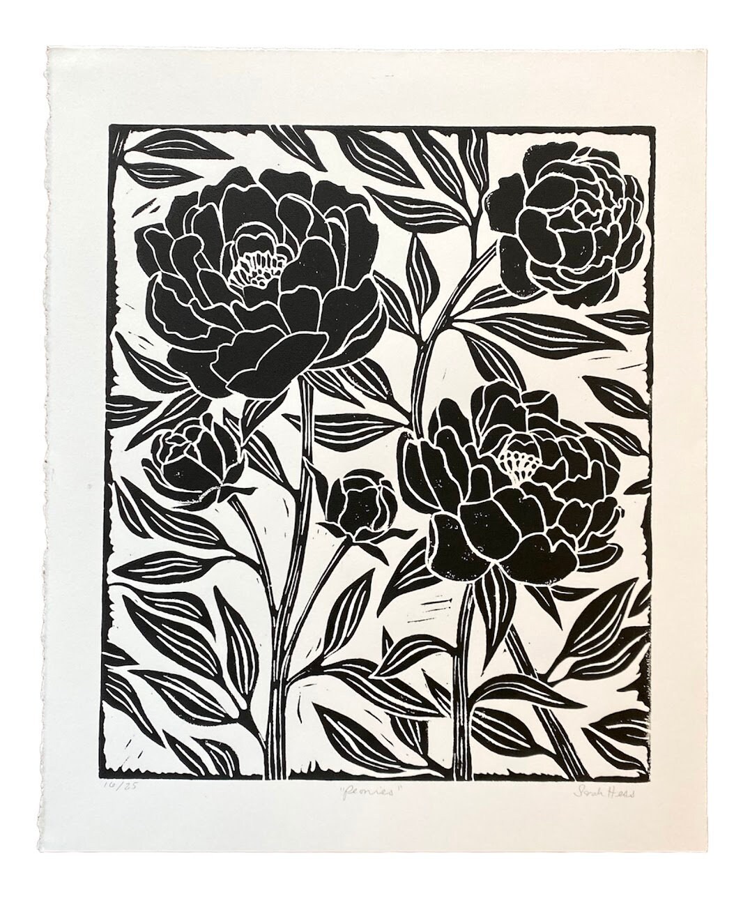 Large Linocut Print Peonies Black and White Block Print - Etsy