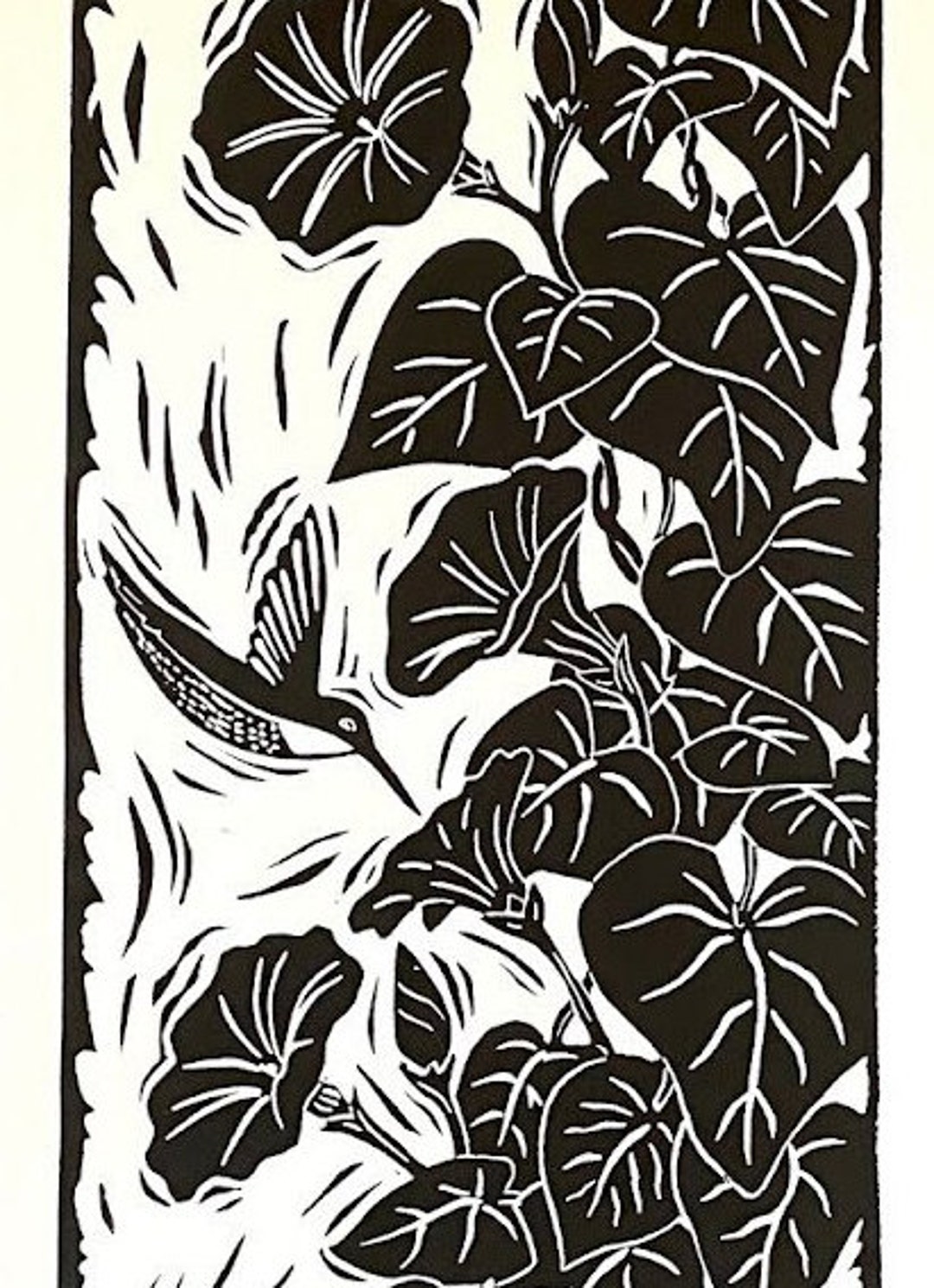 Morning Glories & Hummingbird - Black and White Block Print - Linocut ...