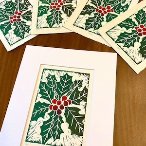 Holly Block Print - Color Linocut - Holiday Art - Holly Print - Holiday ...