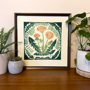 Dandelion Flower Print - Linocut Print - Botanical Print - Colorful ...