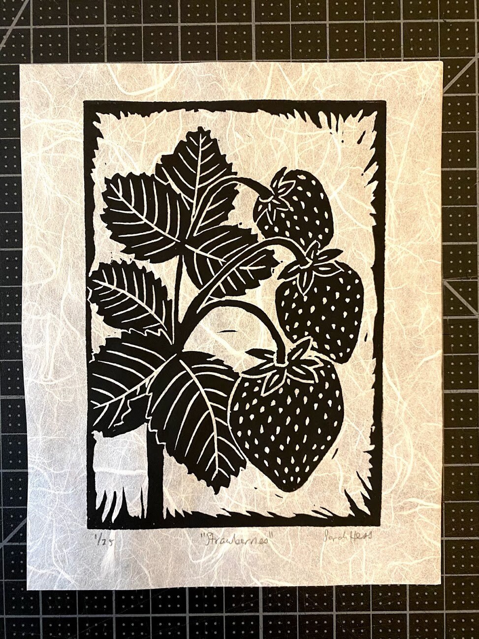 Strawberries Block Print Black and White Print Linocut - Etsy