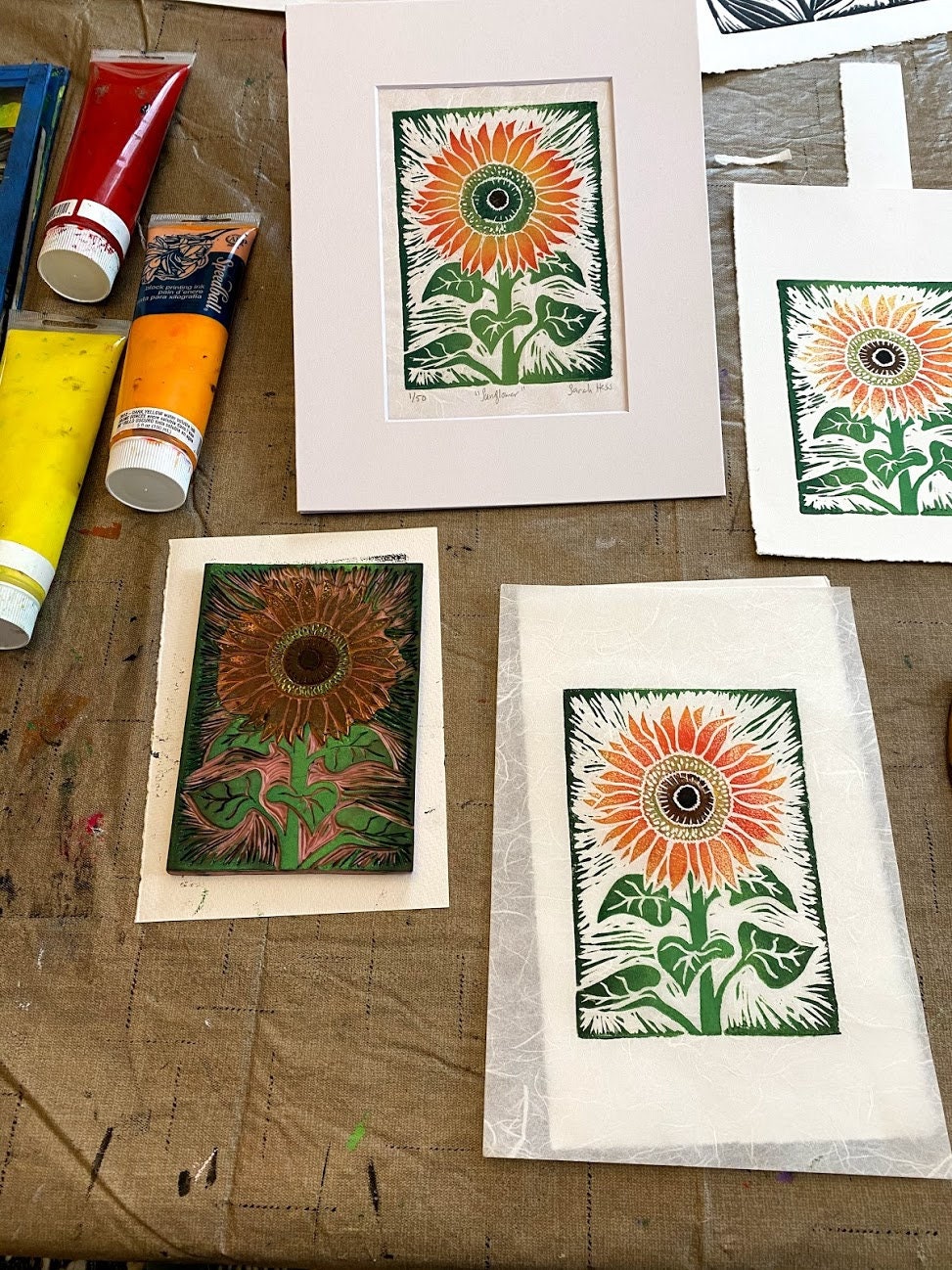 Sunflower Block Print With Mat Linocut Floral Art | Etsy