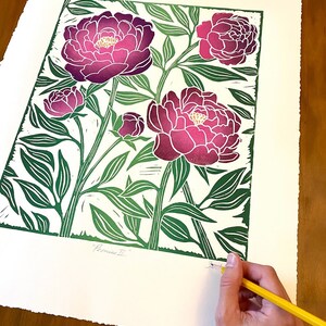 Peonies - Flower Block Print - Linocut Art - Etsy
