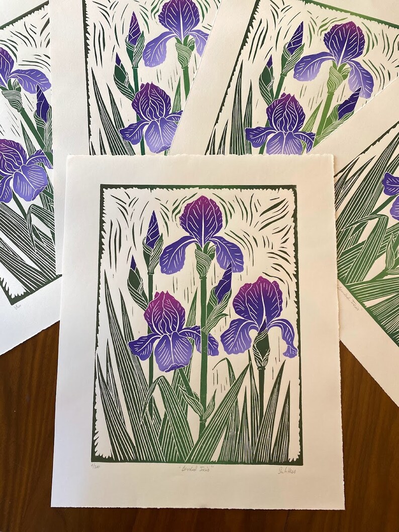 Iris Linocut Print Large Block Print Purple Iris - Etsy