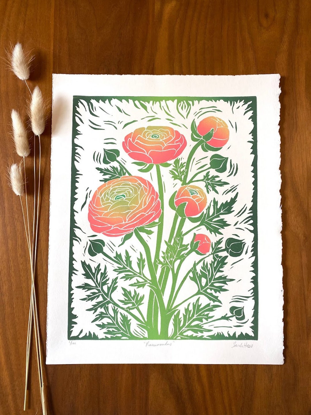 Ranunculus Flower Block Print Linocut Print - Etsy