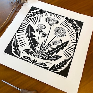 Dandelion Linocut Print: Black & White Botanical Block Print - Etsy