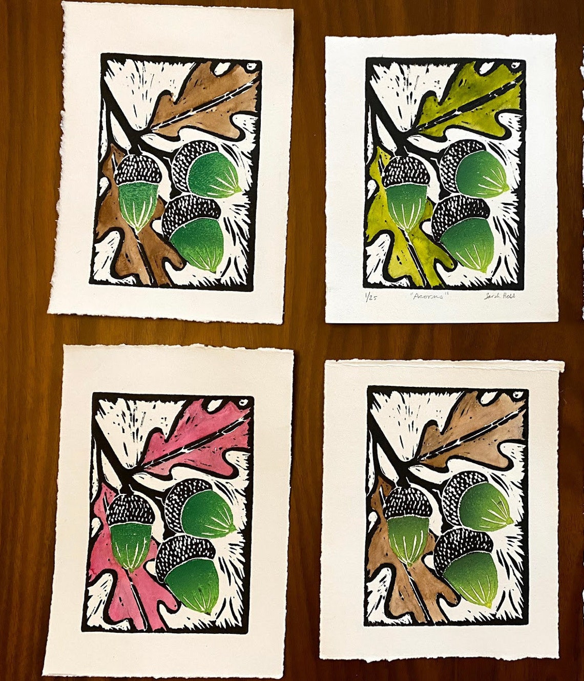 Acorns Block Print Linocut Botanical Print matted art | Etsy