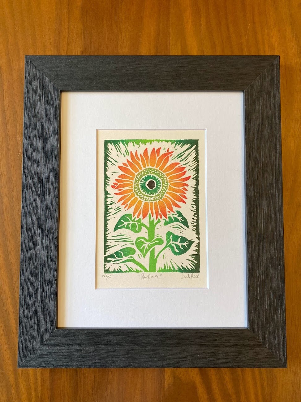 Sunflower Block Print With Mat Linocut Floral Art | Etsy