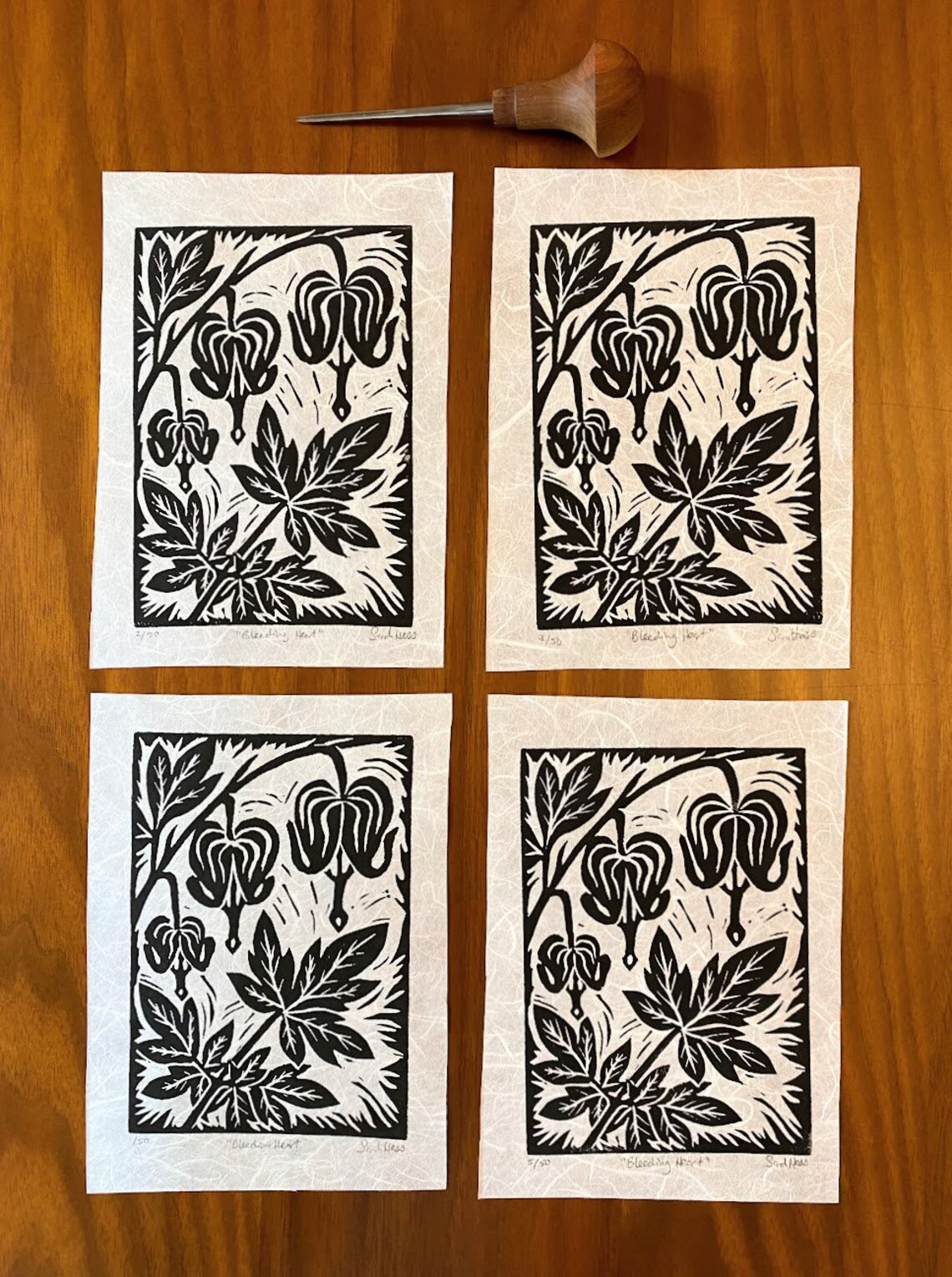 Bleeding Heart Block Print Black and White Linocut Print - Etsy