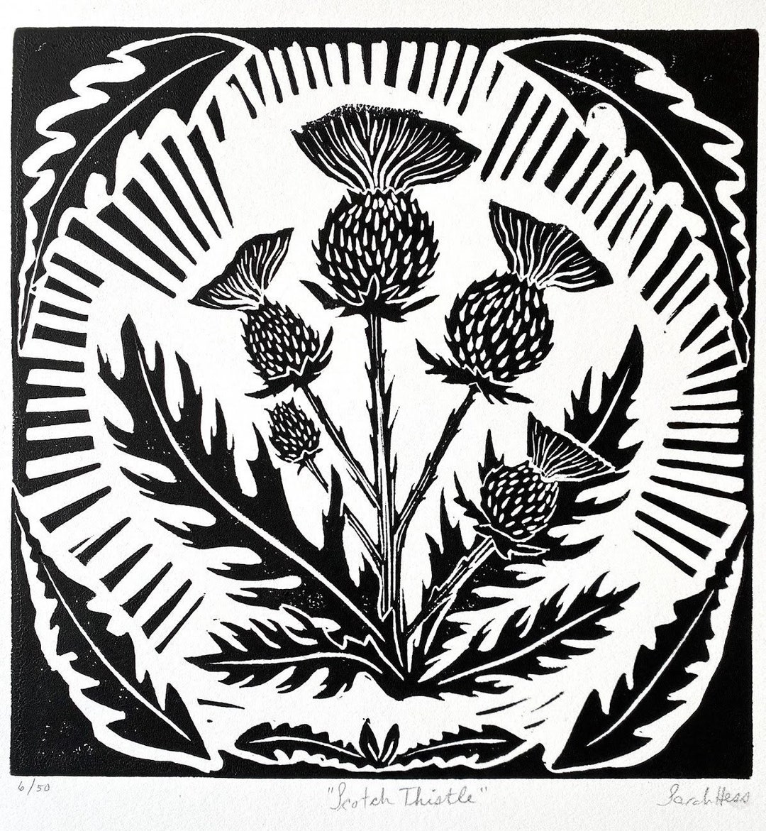 Scotch Thistle - Black & White Block Print - Linocut - Scotch Thistle ...