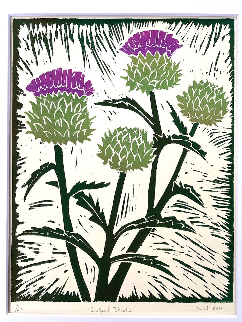 Ireland Thistle Block Print With Mat Botanical Print | Etsy