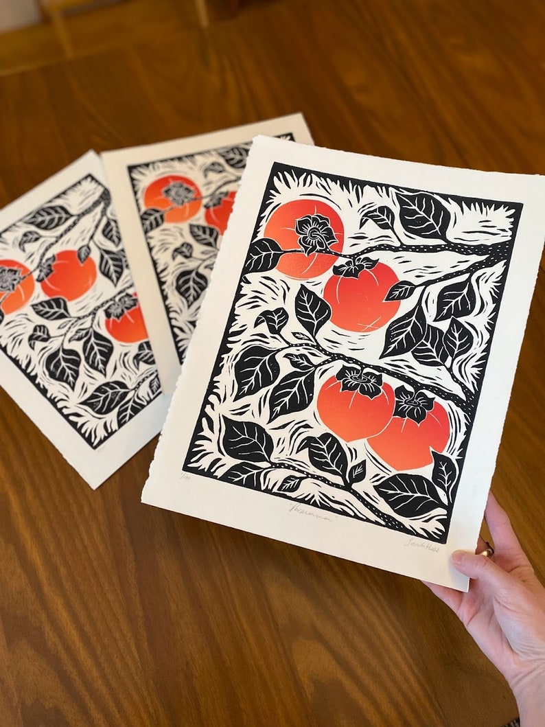 Persimmon Linocut Print Colorful Fruit | Etsy