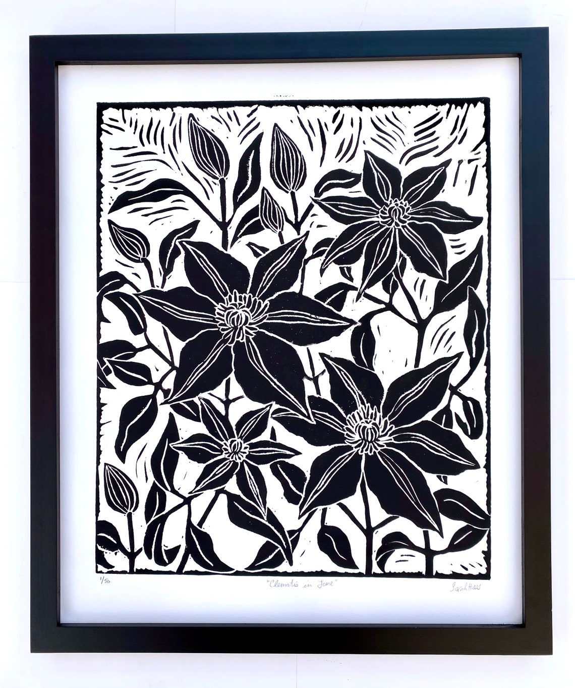 Large Linocut Print Clematis in June Handmade Block Print - Etsy