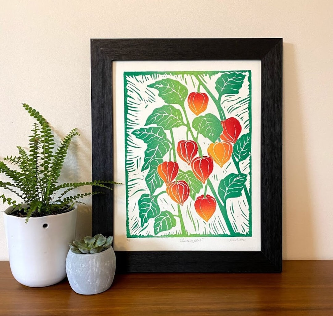 Lantern Plant Block Print: Colorful Linocut, Botanical Art (11x14) - Etsy