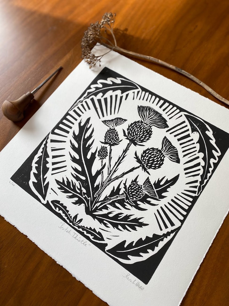 Scotch Thistle Black & White Block Print Linocut Scotch | Etsy