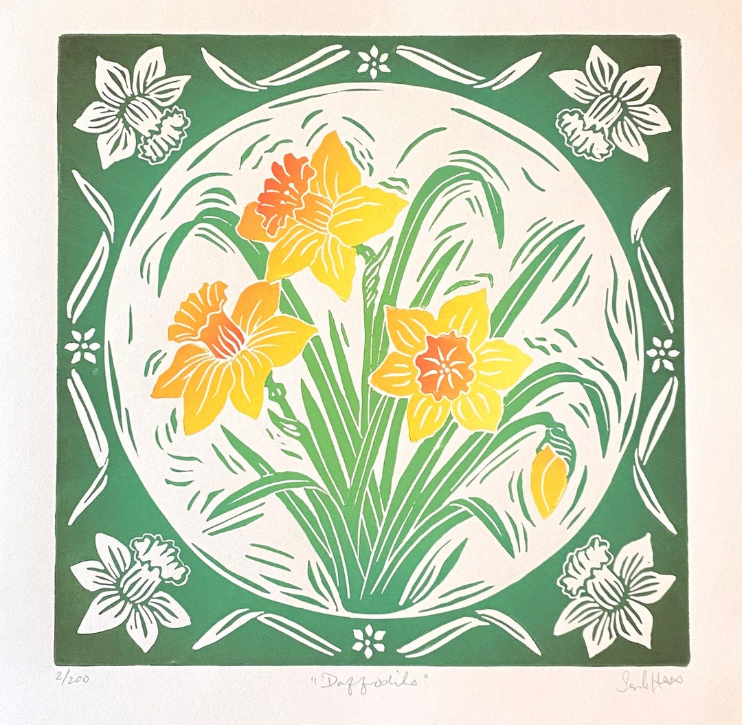 Daffodils - Linocut Print - Colorful Block Print - Birth Month Flowers ...