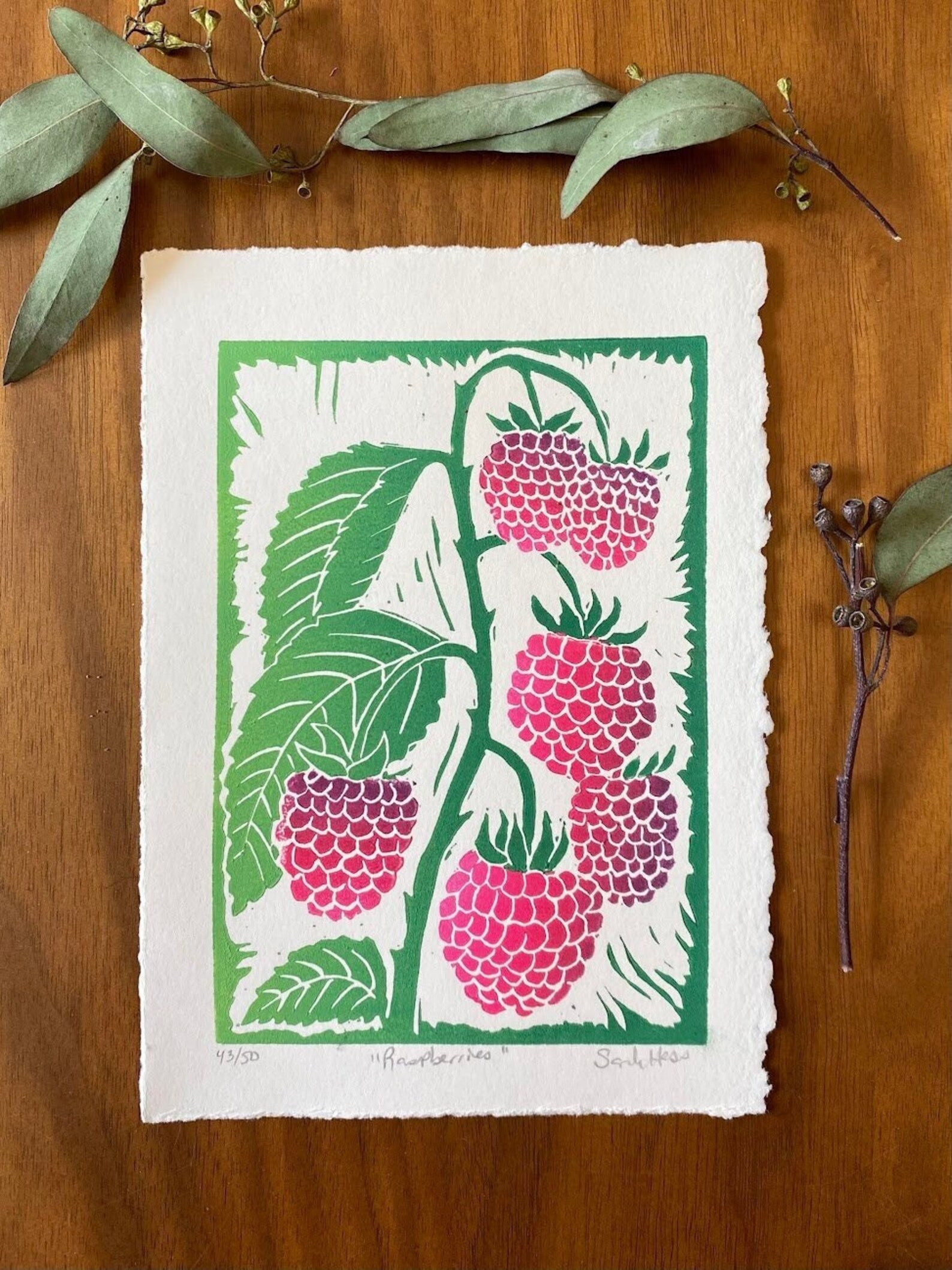 Raspberries Block Print Colorful Linocut Print - Etsy