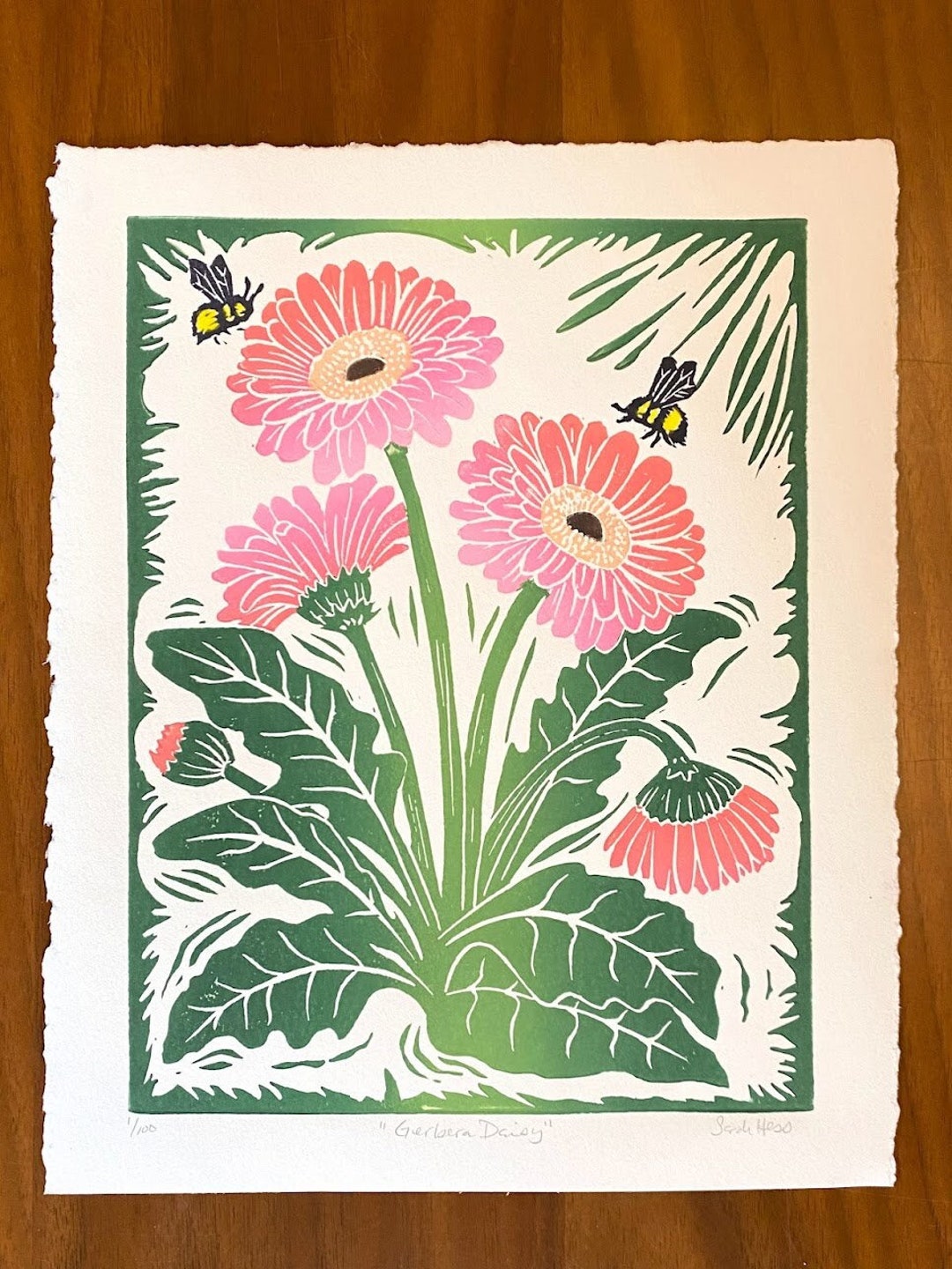Gerbera Daisy - Color Block Print - Linocut Art - Flower and Bee - Etsy