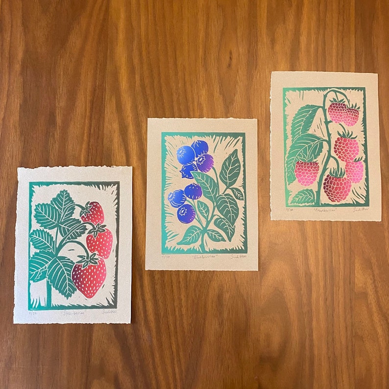 Triple Berry Block Print Set Blueberries Strawberries - Etsy