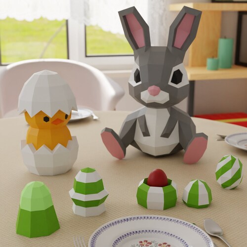 Easter Papercraft 3D DIY Low Poly Decor Bunny Chick in Egg - Etsy