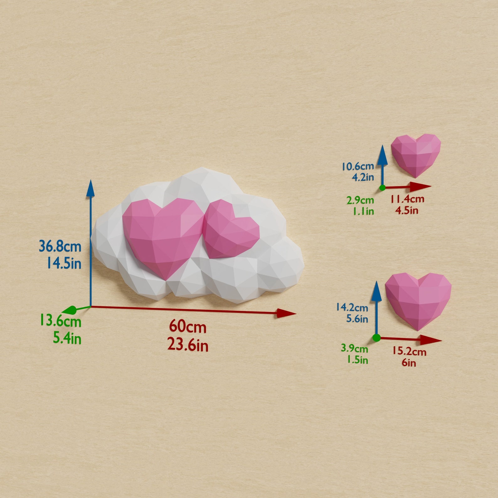 Hearts in Cloud Papercraft 3D - DIY Low Poly Paper Crafts Wall ...