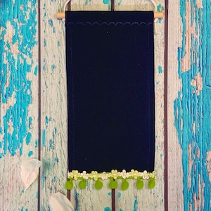 Enamel Pin Display in Navy Blue With Beautiful Green Pompom Lace Trim ...