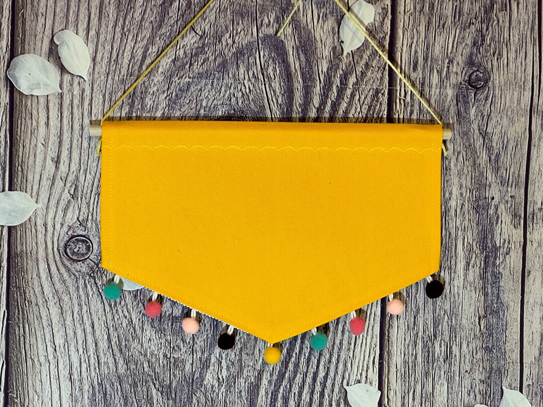 Canvas Pin Pennant/ Yellow Enamel Pin Display With Colorful Pompom Trim ...