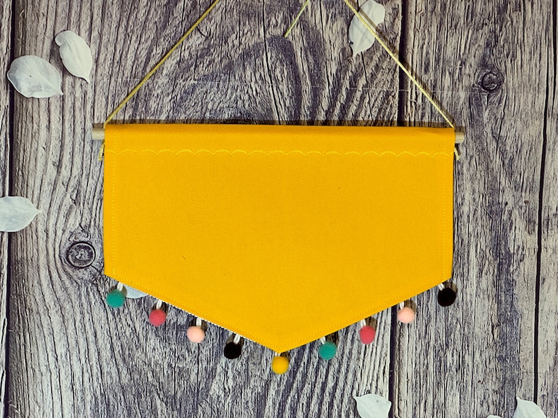 Canvas Pin Pennant/ Yellow Enamel Pin Display With Colorful Pompom Trim ...