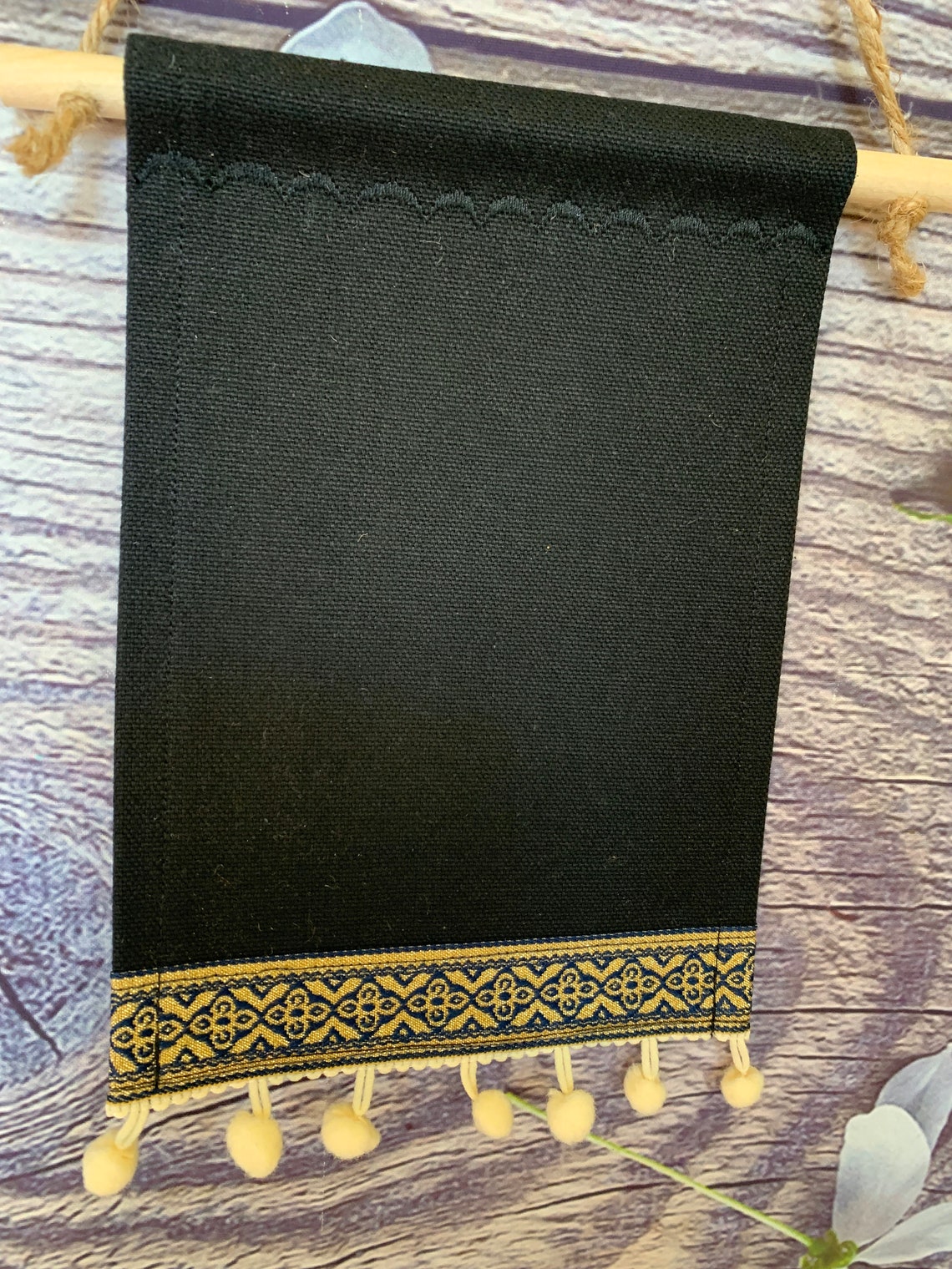 Enamel Pin Display in Black With Beautiful Vintage Trim and Pompoms ...