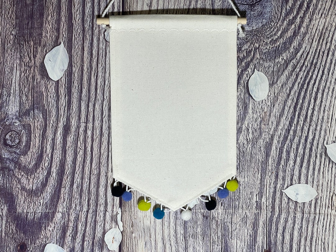 Canvas Pin Pennant / White Enamel Pin Display With Colorful Pompom Trim ...