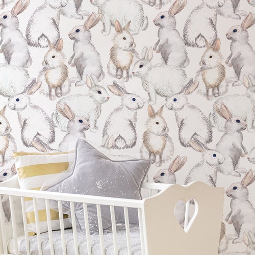 White Rabbit Self Adhesive Wallpaper Nursery Wallpaper | Etsy