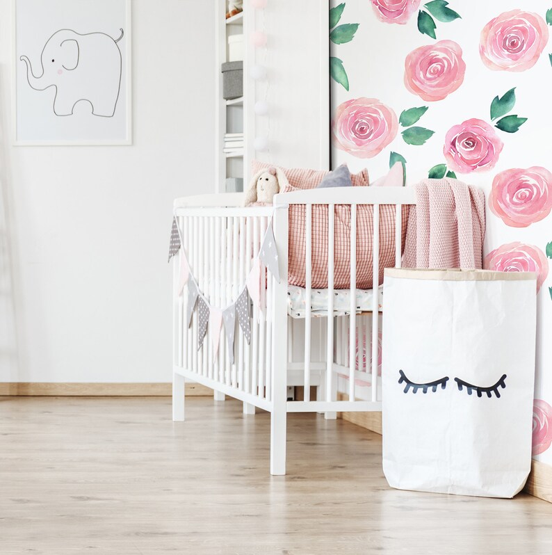 Nursery wallpaper with pink roses watercolor removable | Etsy