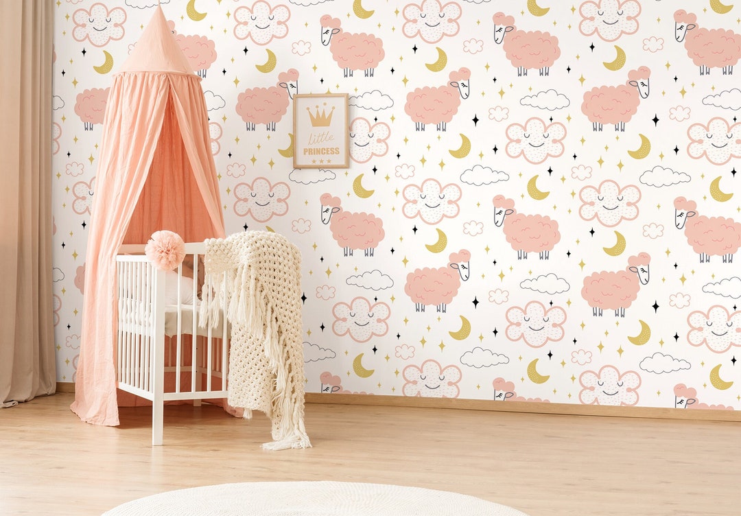Cute Sheep Wall Mural, Cloud Wall Mural, Moon Wallpaper, Nursery Wall ...