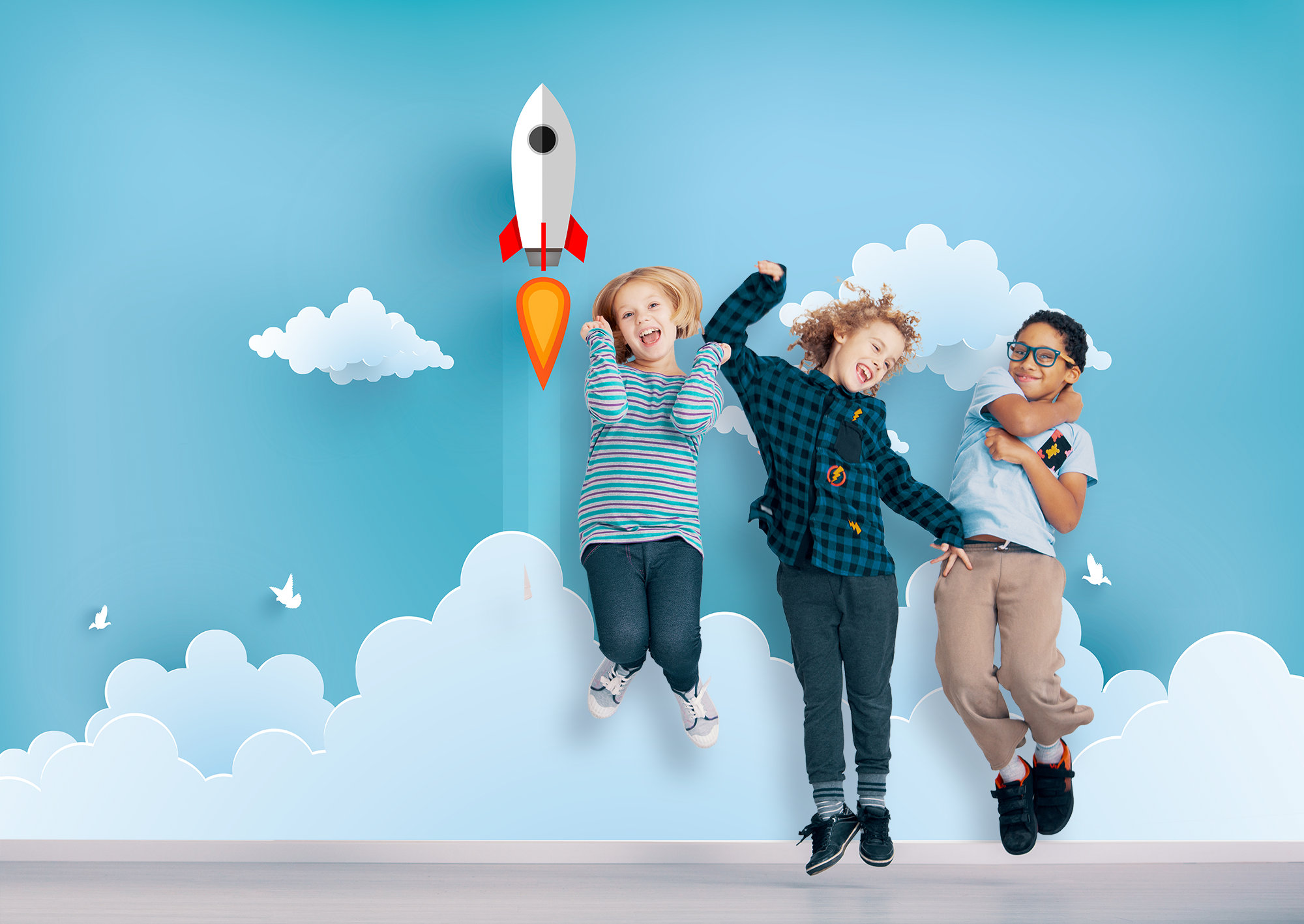Kids Removable Wallpaper With Rocket Flying Over the Cloud, Peel and ...