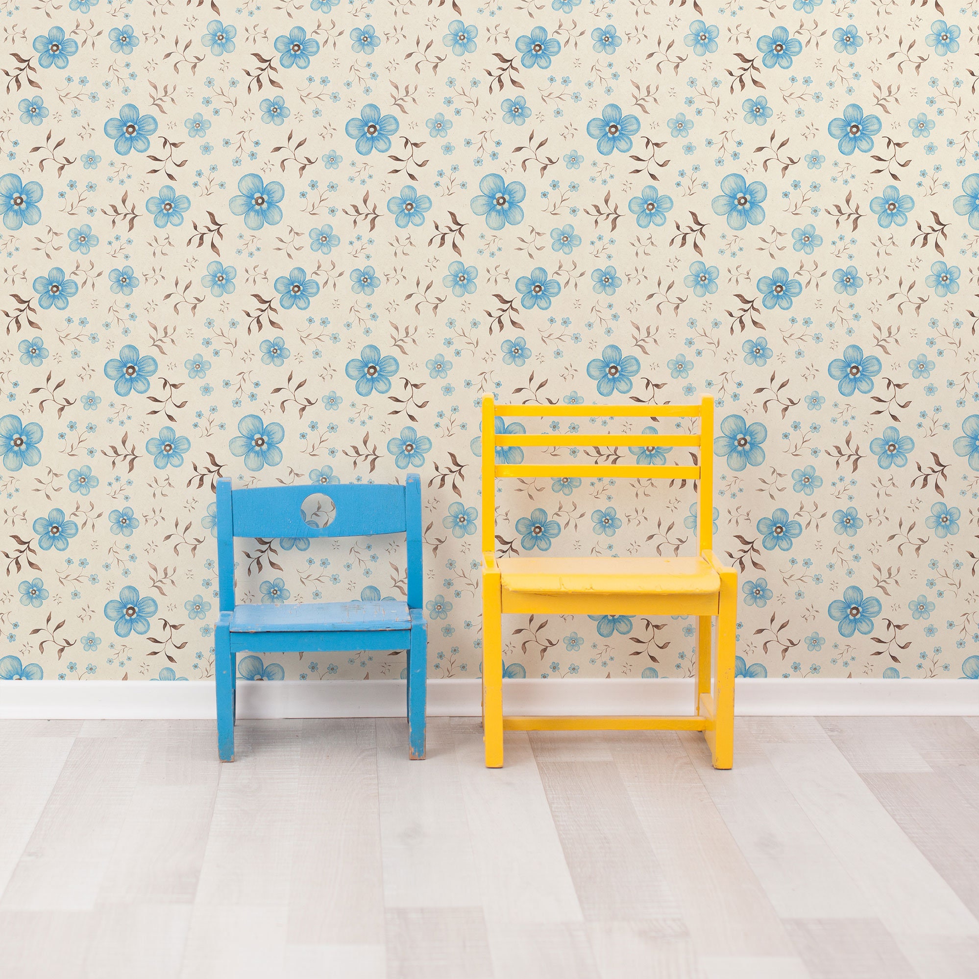 Beige Wallpaper With Blue Flowers Kids Wallpaper Removable | Etsy