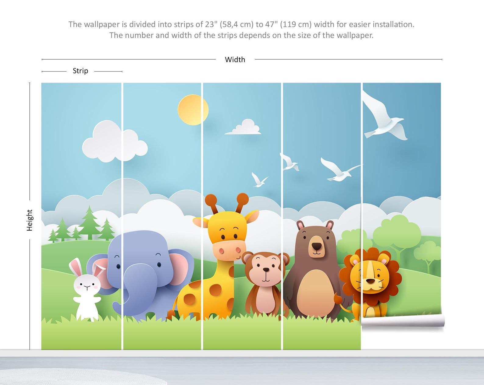 Zoo Animal Wallpaper, Colorful Girls Room Pattern, Nursery Wall Print ...