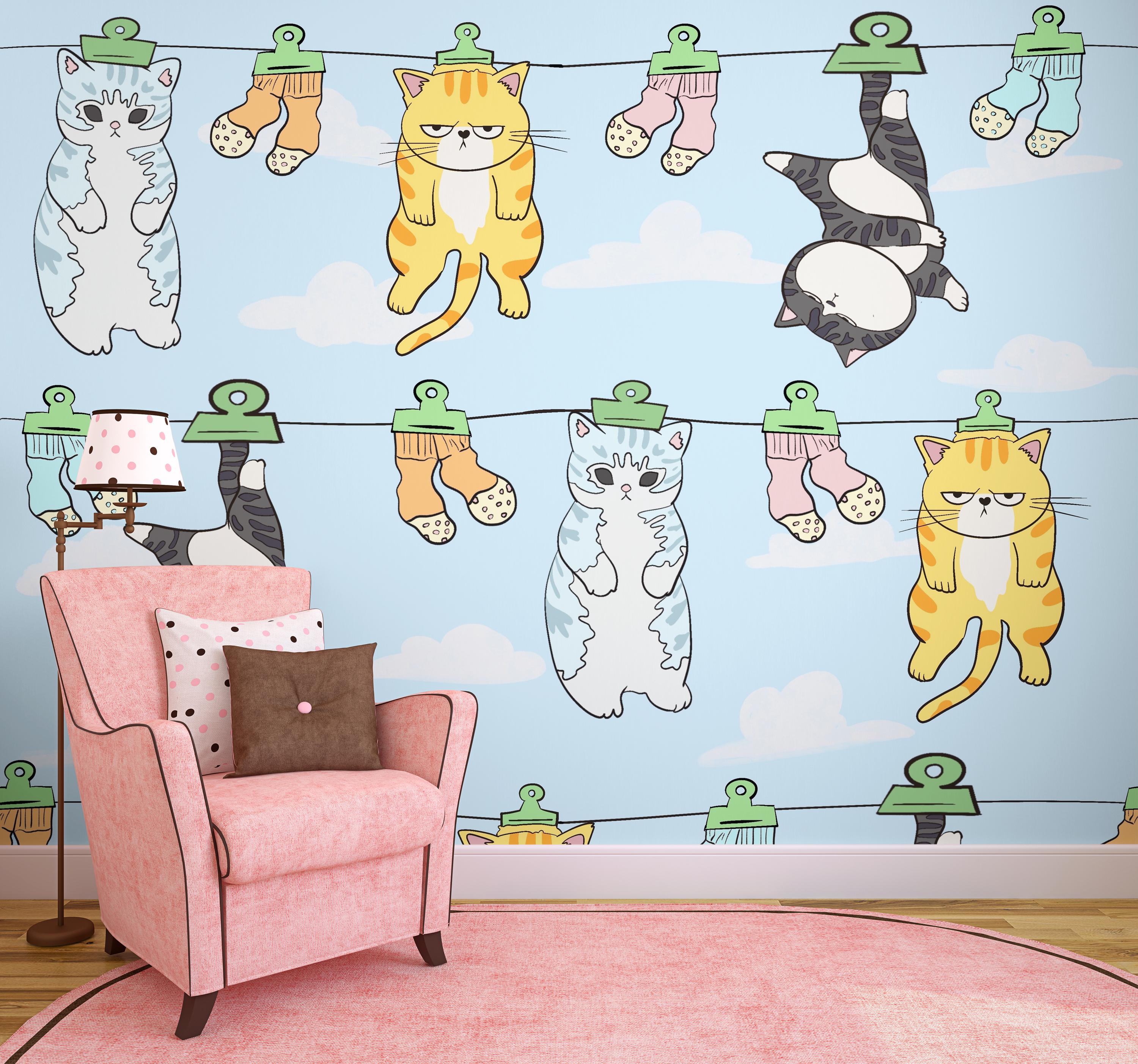 Goofy Cute Cats Wallpaper, Light Blue, Colorful Pattern Wall Mural ...