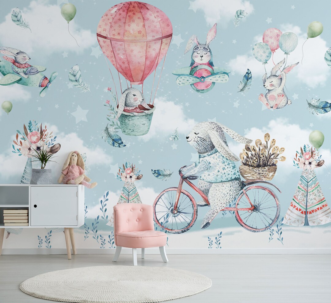 Blue Wallpaper for Children's Room, Bunnies in Balloons, Kids Wallpaper ...