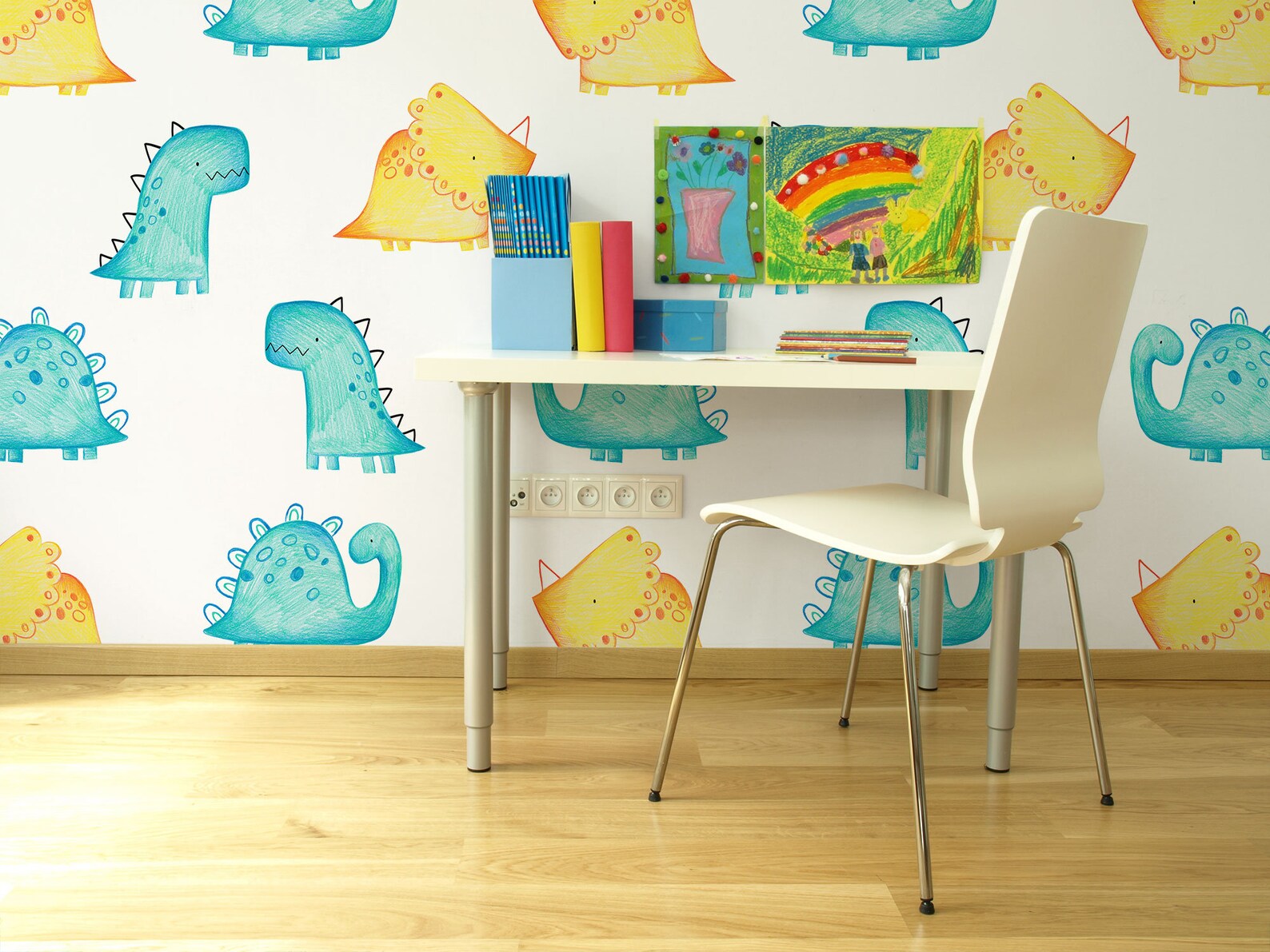 Blue and Yellow Dino Wallpaper Hand Drawn Dinosaur Nursery - Etsy