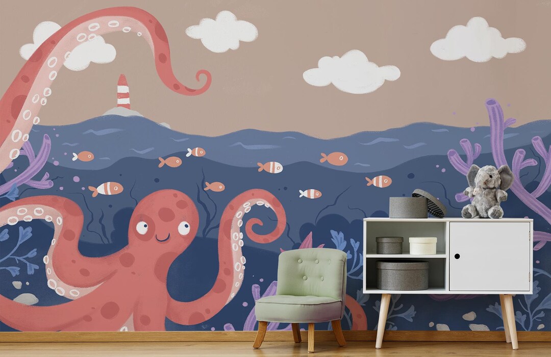 Sea Animals Wallpaper, Octopus Wall Mural, Kids Home Decor, Nursery ...